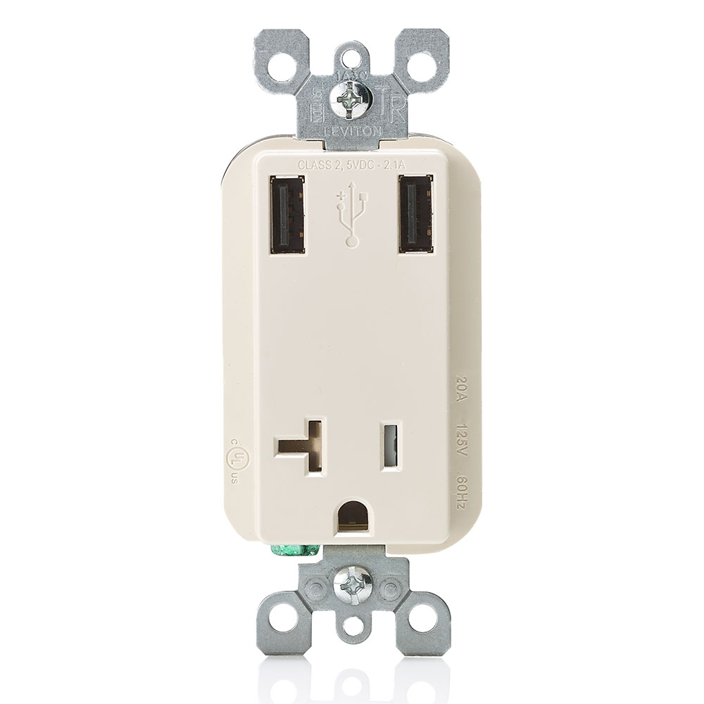 T5830-I - 2.1A USB Type-A/Type-A Wall Outlet Charger with 20A Tamper ...